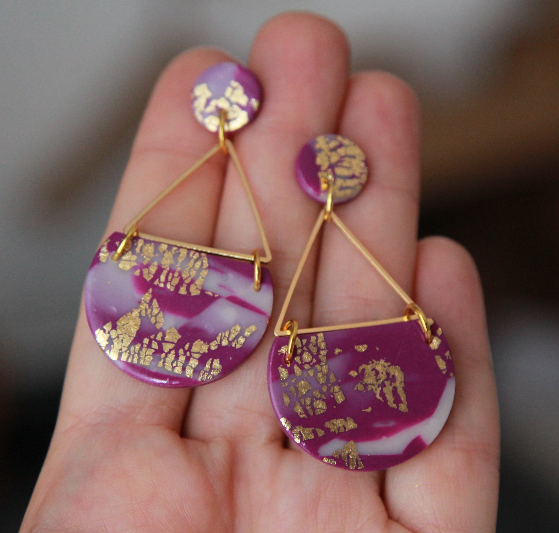Magenta earrings Polymer earrings dangle Clay triangle | Etsy