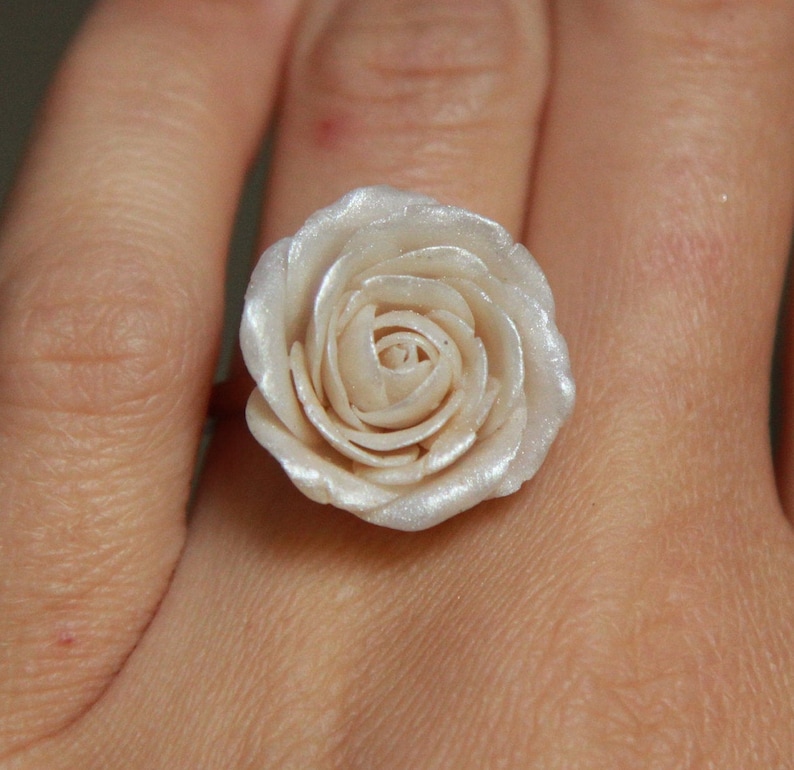 White Pearl Ring Flower - Wedding Large Rose Ring - Sterling Silver ...