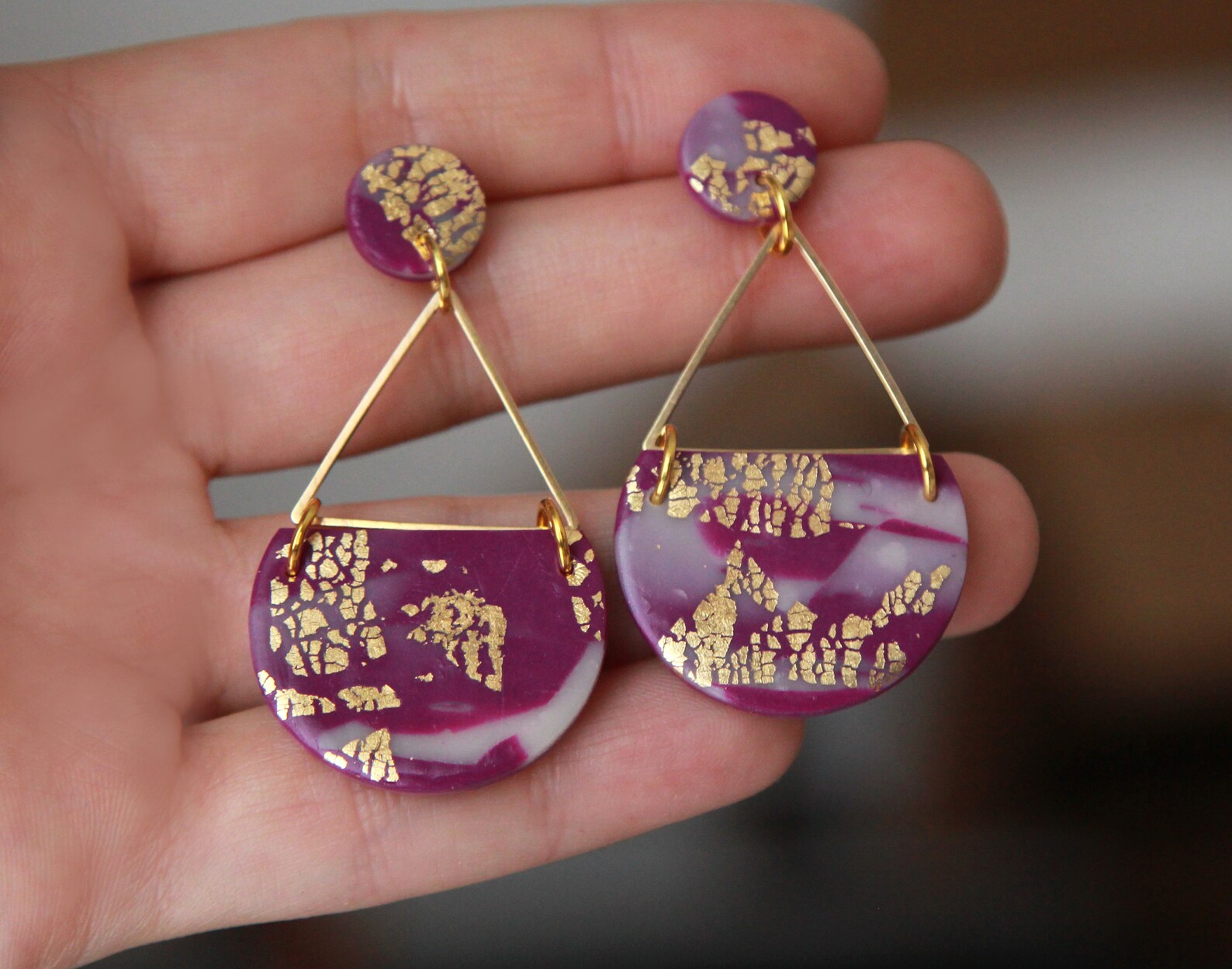 Magenta earrings Polymer earrings dangle Clay triangle | Etsy