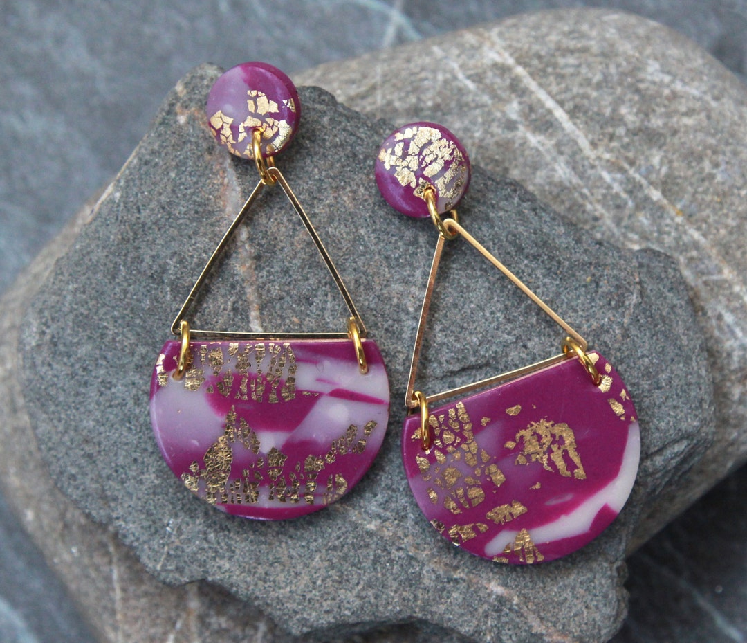 Magenta Earrings / Polymer Earrings Dangle/ Clay Triangle Earrings ...