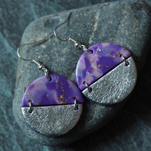 Purple Earrings Dangle Polymer Clay Earrings Violet Earrings Round Etsy