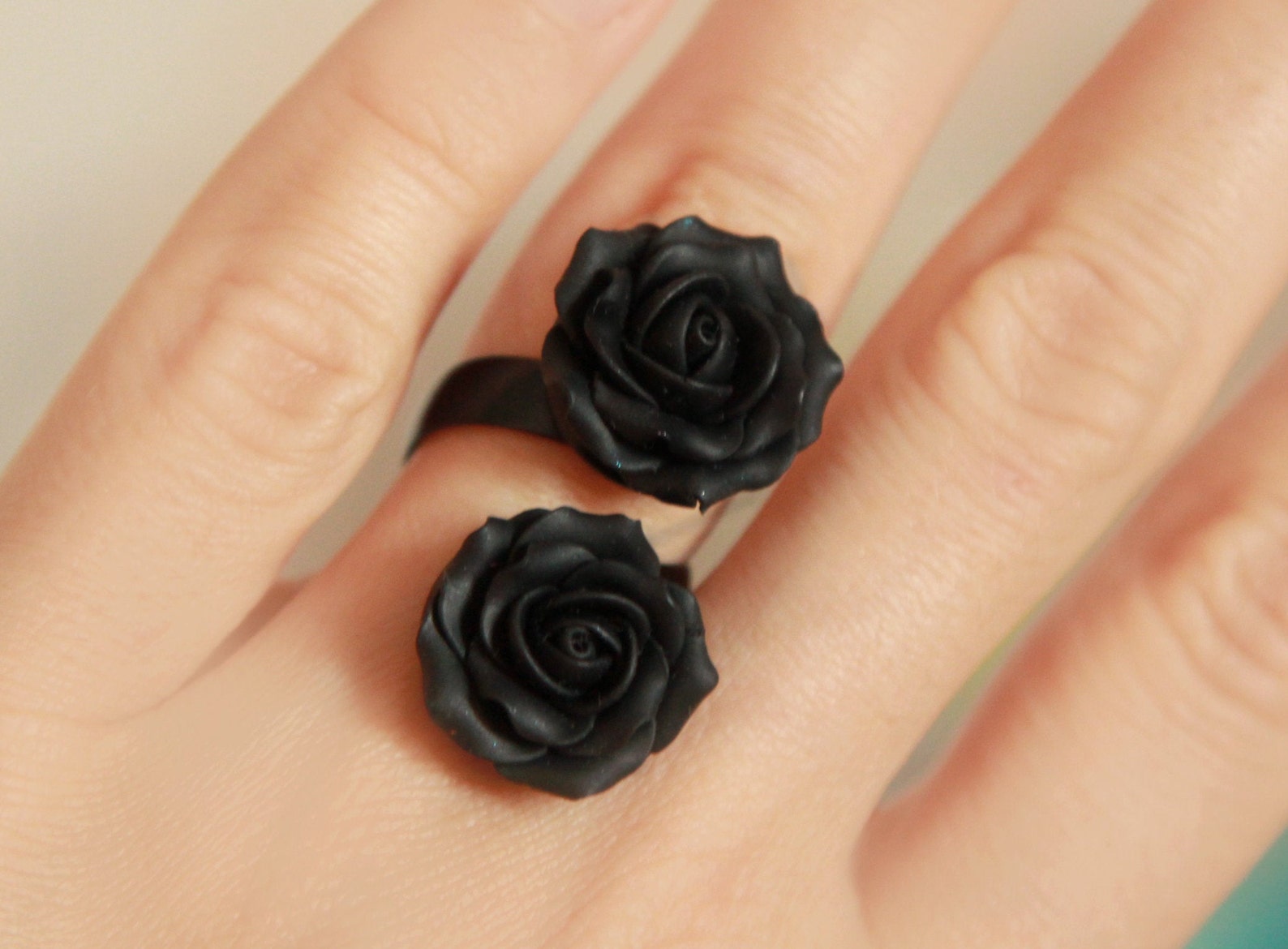 Black Flower Ring, Clay Rose Ring Women, Ring Women Unusual, Adjustable ...