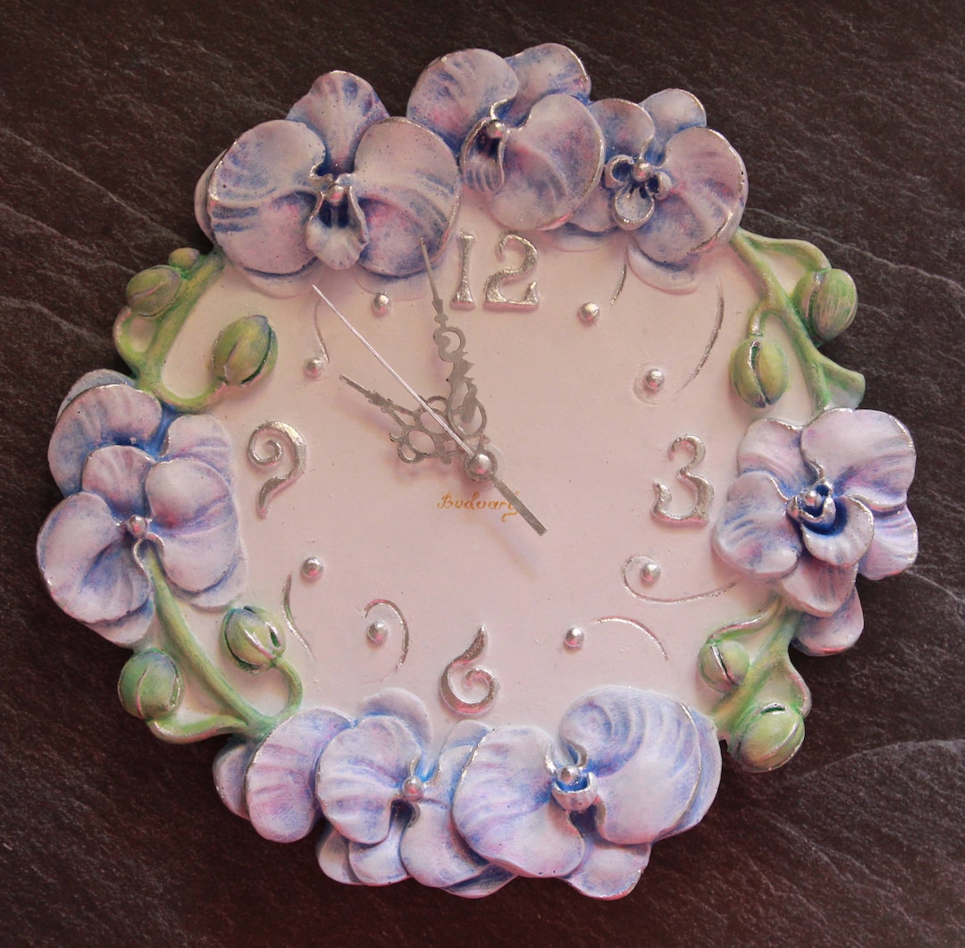 Unique Wall Clock Blue Orchids Clocks Handmade Clock Blue Wall Clock ...