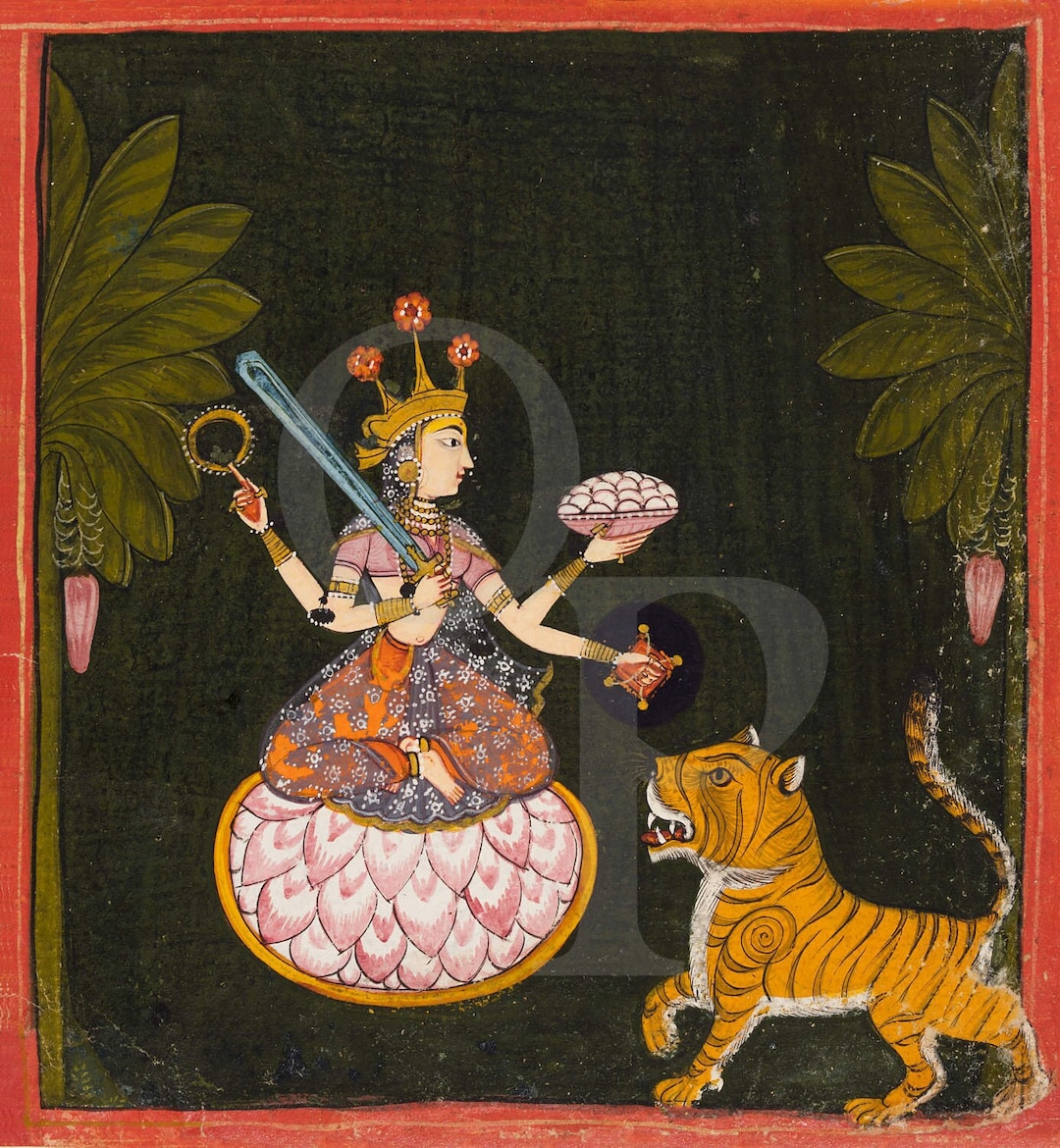 Indian Goddess Mangala Painting Print, Hindu, Tiger, Antique Artwork ...