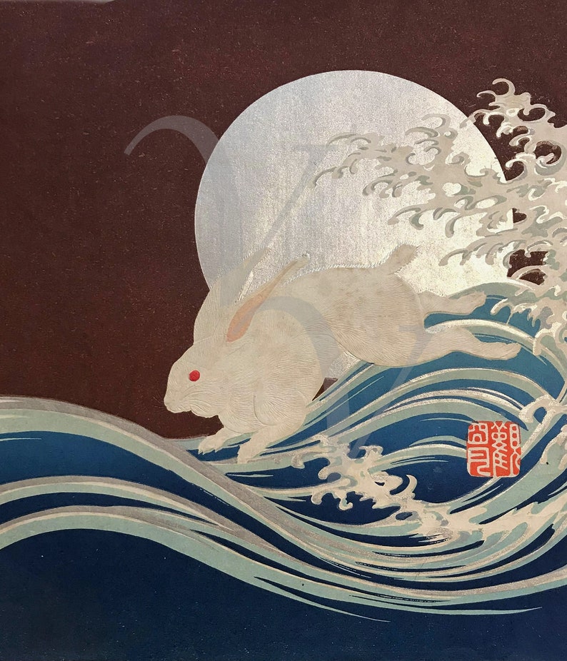 White Rabbit and Full Moon Print Japanese Antique Artwork | Etsy