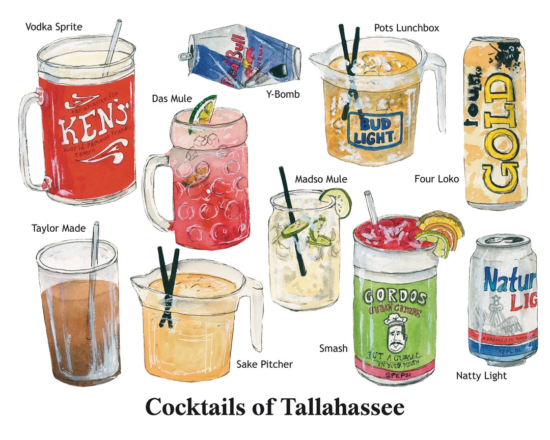 Florida State University- Cocktails of Tallahassee Print / FSU Bar Art ...