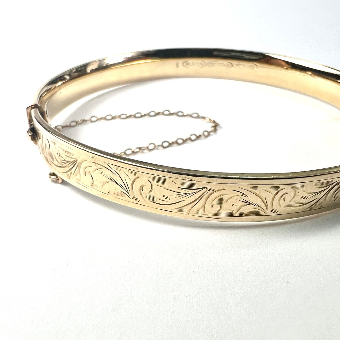 Vintage 9CT Gold Metal Core Engraved Bangle Bracelet - Etsy