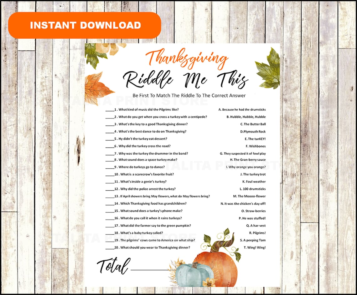 Printable Thanksgiving Riddle Game Thanksgiving Game - Etsy
