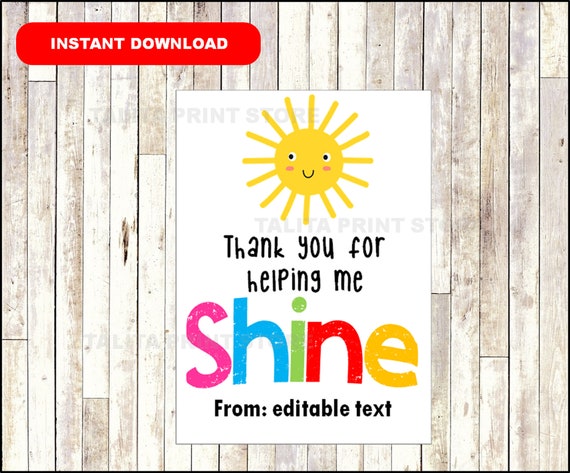EDITABLE Thanks for Helping Me Shine Bright Gift Tags Bright | Etsy