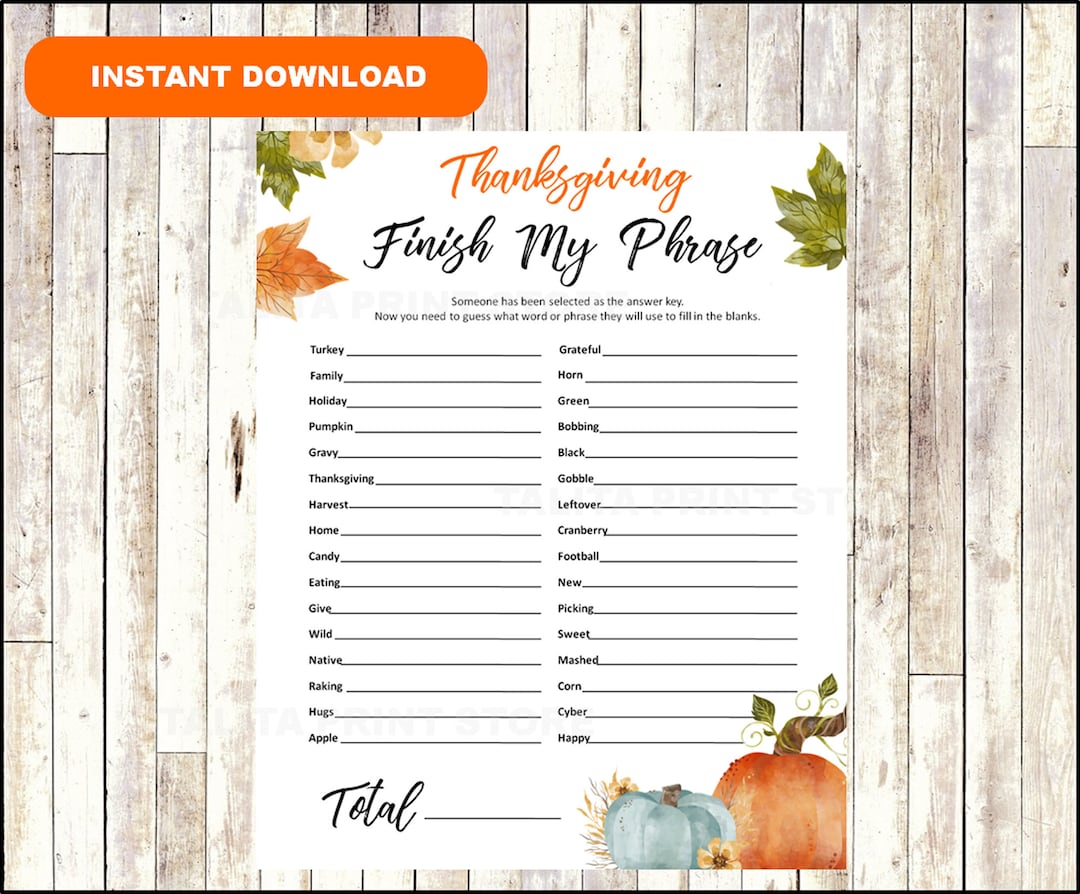 Thanksgiving Finish My Phrase, Thanksgiving Word Game, Printable ...