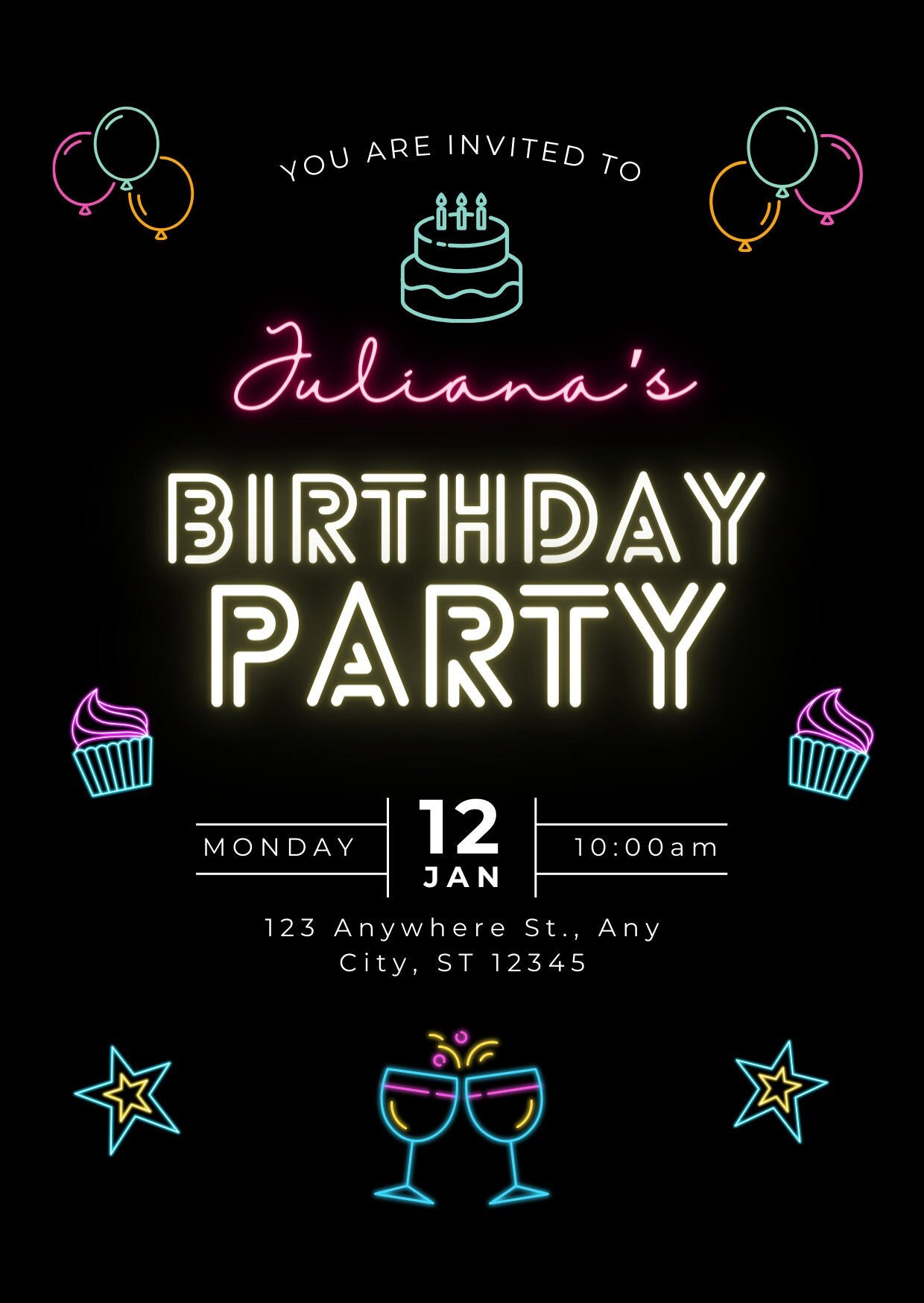Neon Birthday Invitation - Etsy