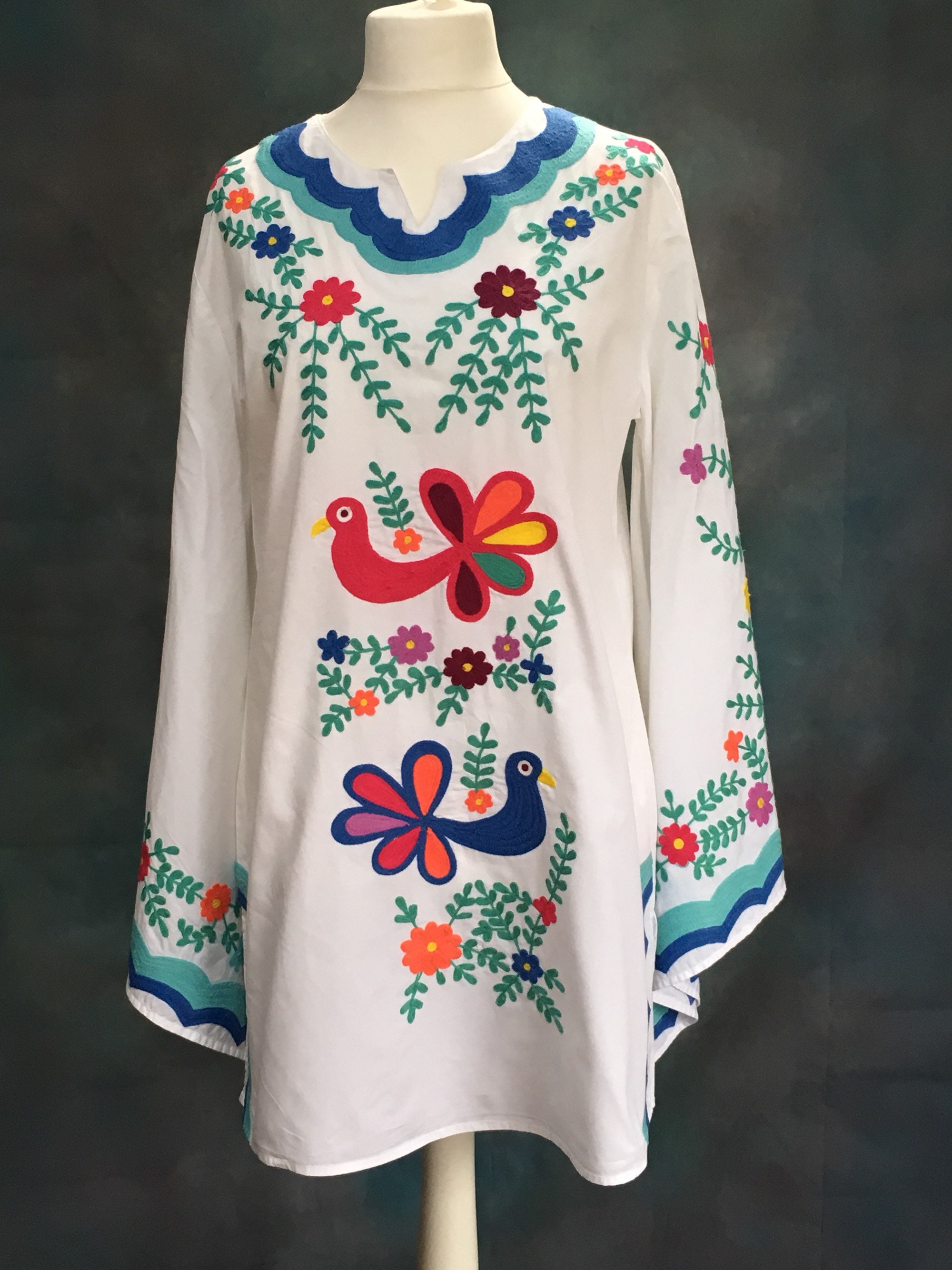 Mexican Style Pachamama Embroidered Peacock Floral Blue Trim Angel ...