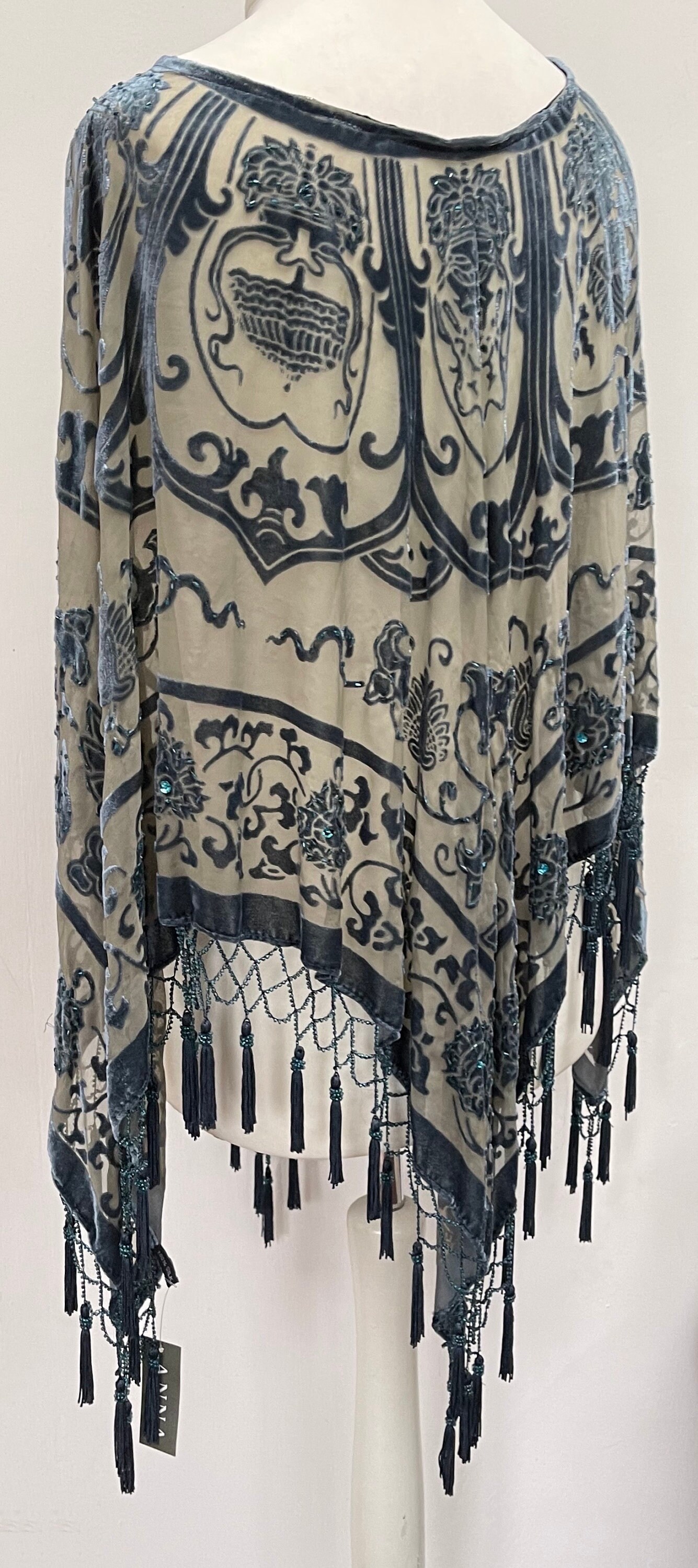 Vintage 70s Boho Style Pure Silk Devore Beaded Poncho Jacket in Grey/blue With Beaded Tassels ...