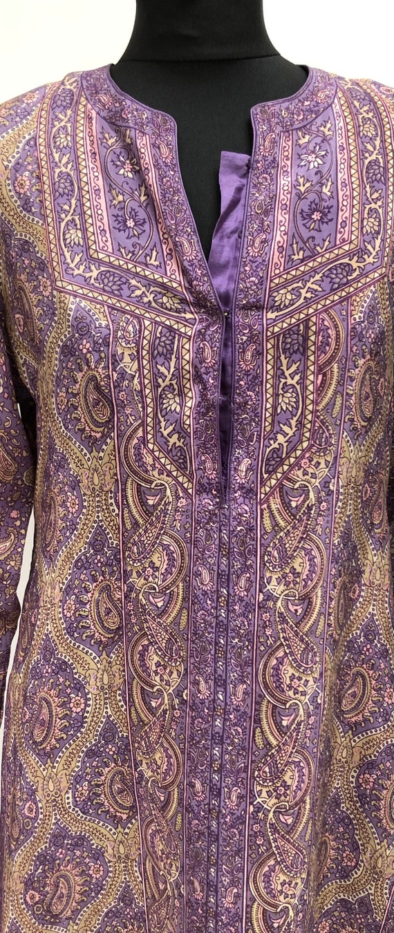 Vintage 70s Indian Paisley Print Silk Purple A line … - Gem