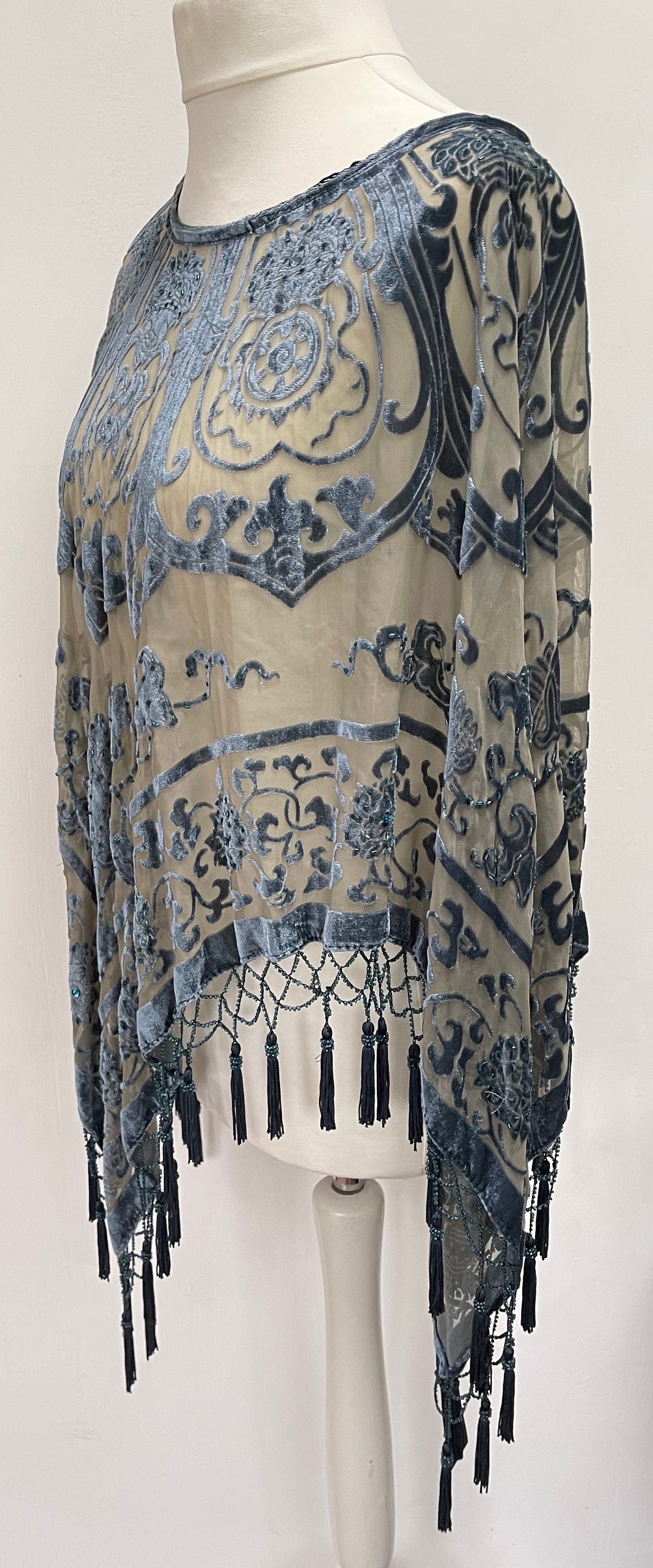 Vintage 70s Boho Style Pure Silk Devore Beaded Poncho Jacket in Grey/blue With Beaded Tassels ...