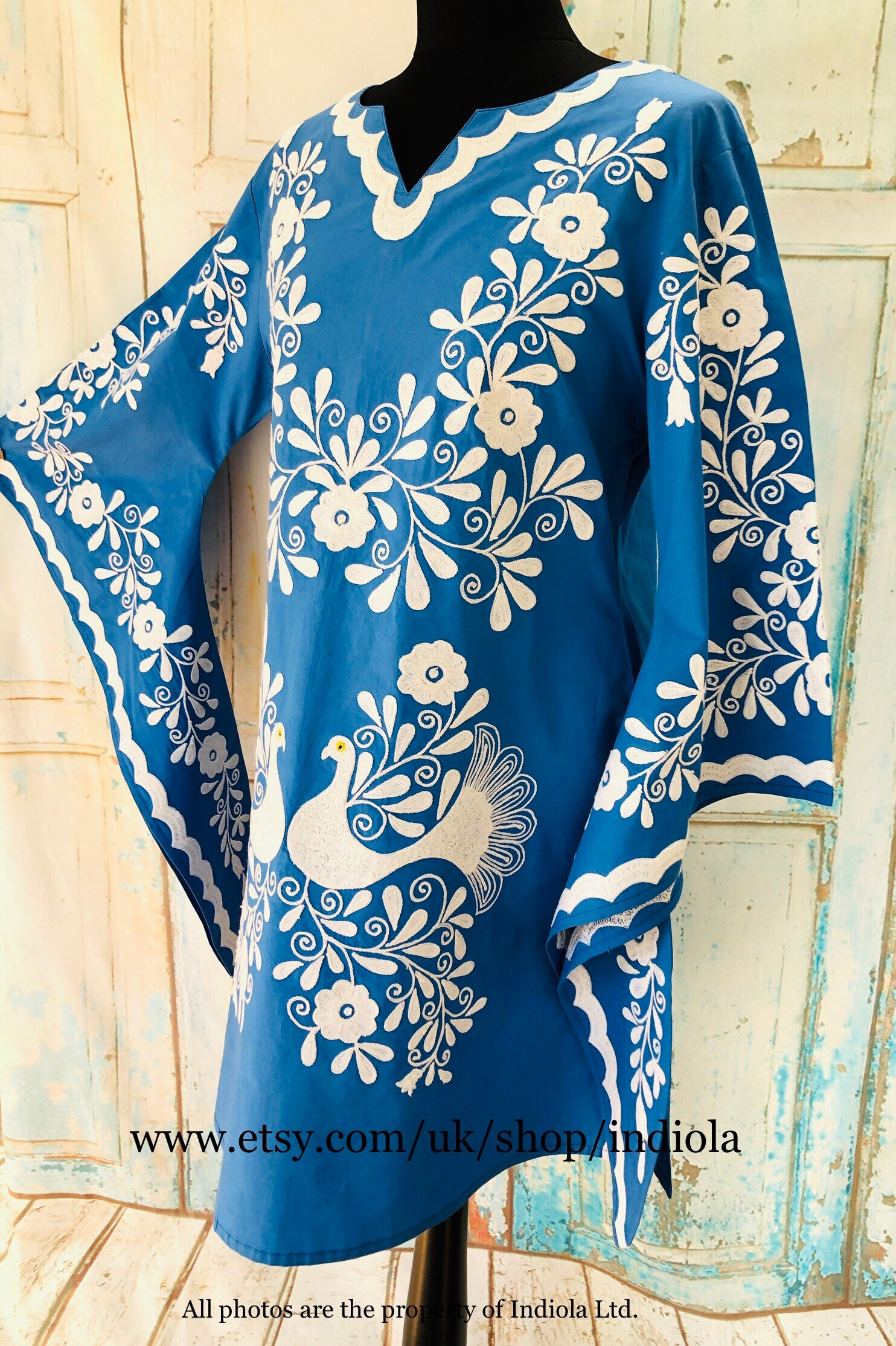 Vintage 70s Style Pachamama Mexican Blue Embroidered Peacock Bird ...