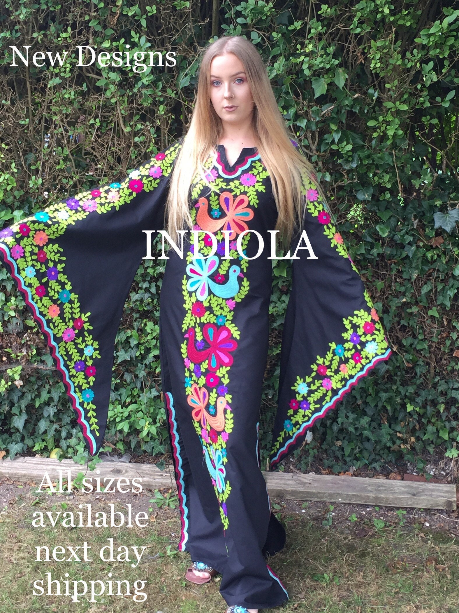 Black Pachamama Mexican Style Handwork Embroidered Butterfly Sleeve ...