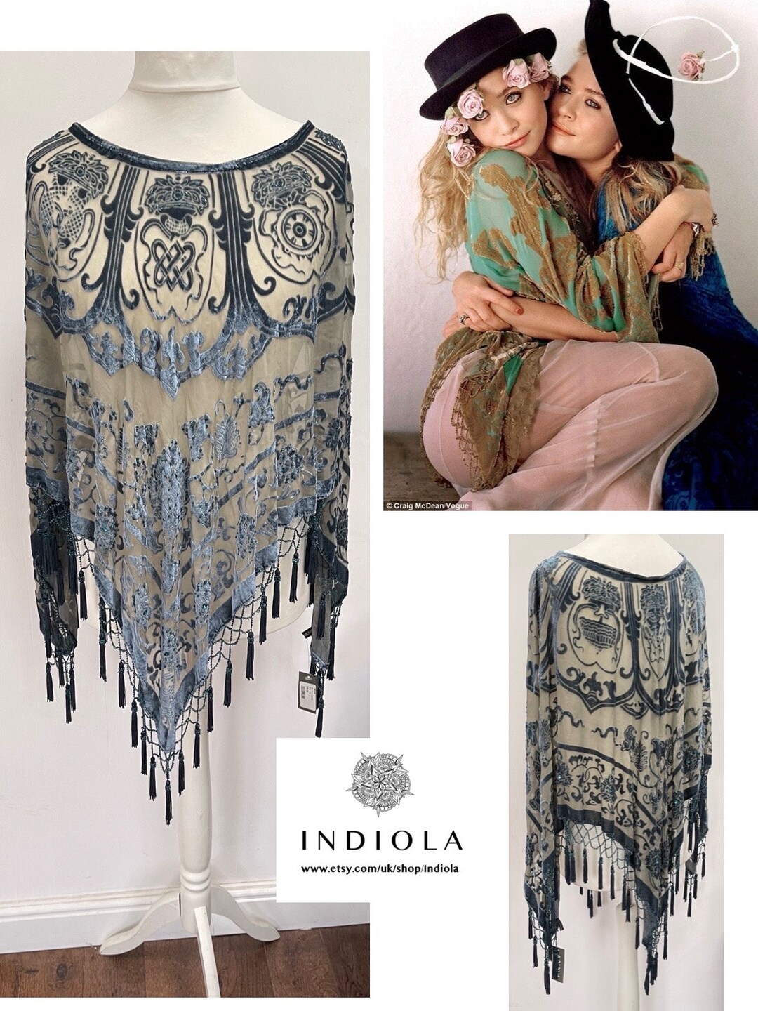 Vintage 70s Boho Style Pure Silk Devore Beaded Poncho Jacket in Grey/blue With Beaded Tassels ...