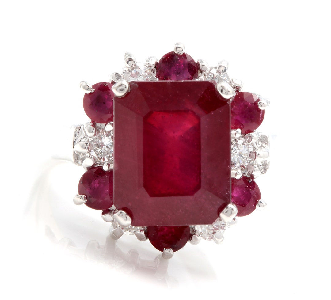 7.45 Carats Natural Red Ruby and Diamond 14k Solid White Gold Ring - Etsy