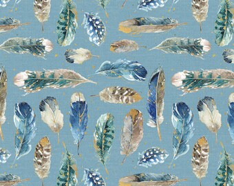 Blue Feathers Fabric Owl Feathers Blue by Xoxotique Watercolor Bird ...