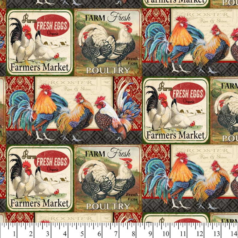 Farmers Roosters Cotton Fabric By The Yard | Etsy