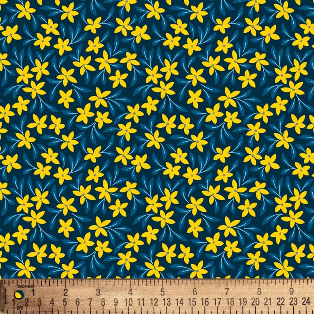 Yellow Flowers Navy Cotton Fabric by the Yard - Etsy