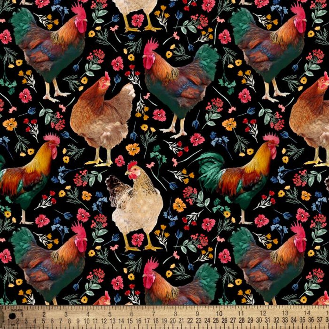Chickens and Roosters Floral Cotton Fabric by the Yard - Etsy