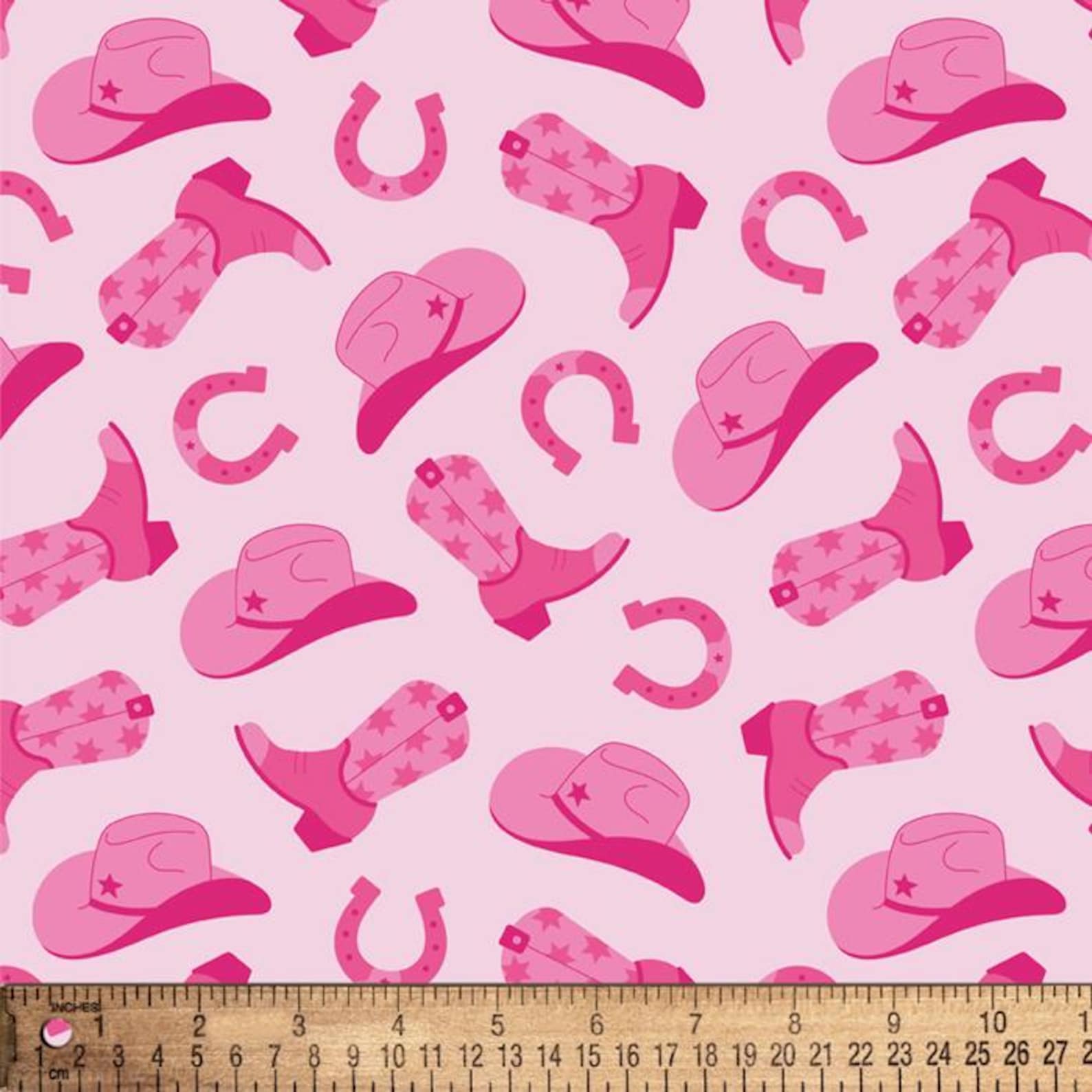 Cowgirls Hats, Boots and Horseshoes Pink Poly Cotton Fabric by the Yard ...