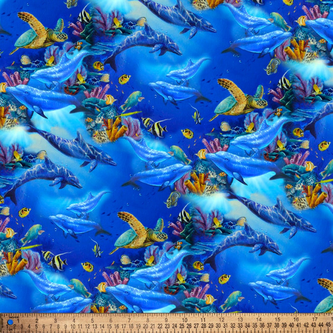 Dolphins & Ocean Animals Cotton Fabric by the Yard - Etsy
