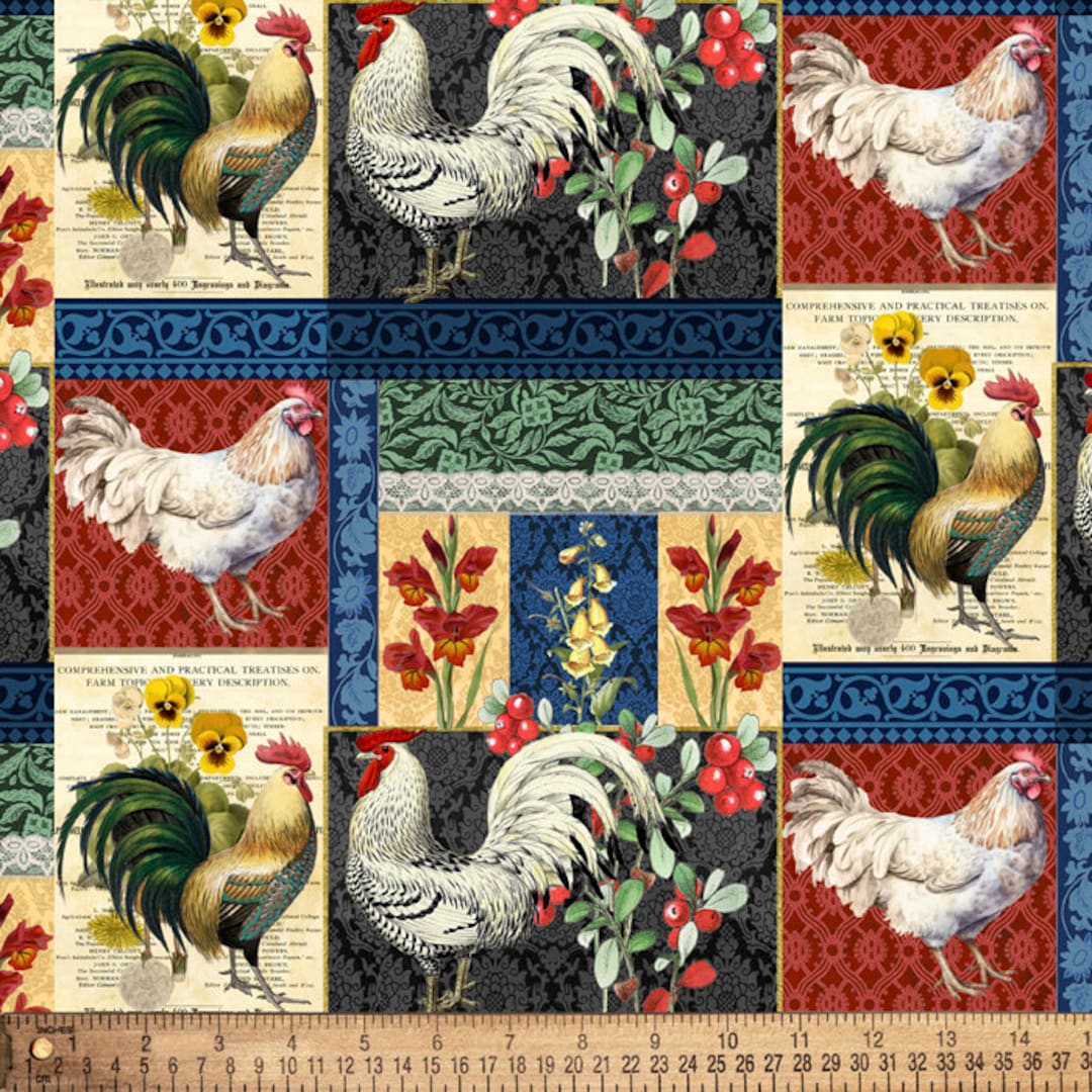 Roosters Floral Cotton Fabric by the Yard - Etsy