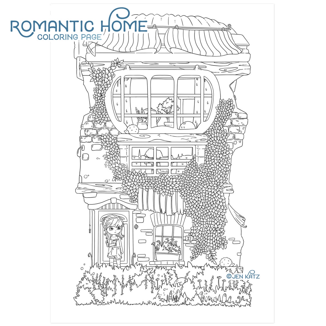 Romantic Home Coloring Page Cute Home Girl Hedgehog Flowers Adult ...