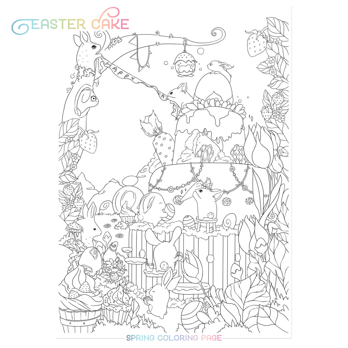 Easter Coloring Page Cute Bunnies Spring Adult Coloring Page | Etsy