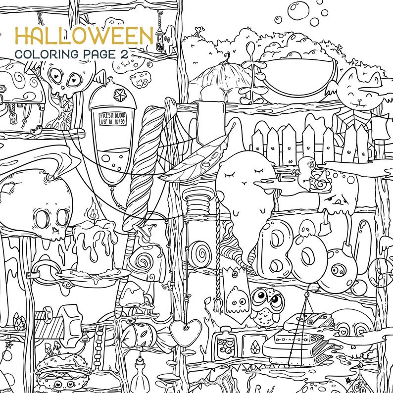 Halloween Coloring Page Cute Autumn Doodle Digital Download - Etsy