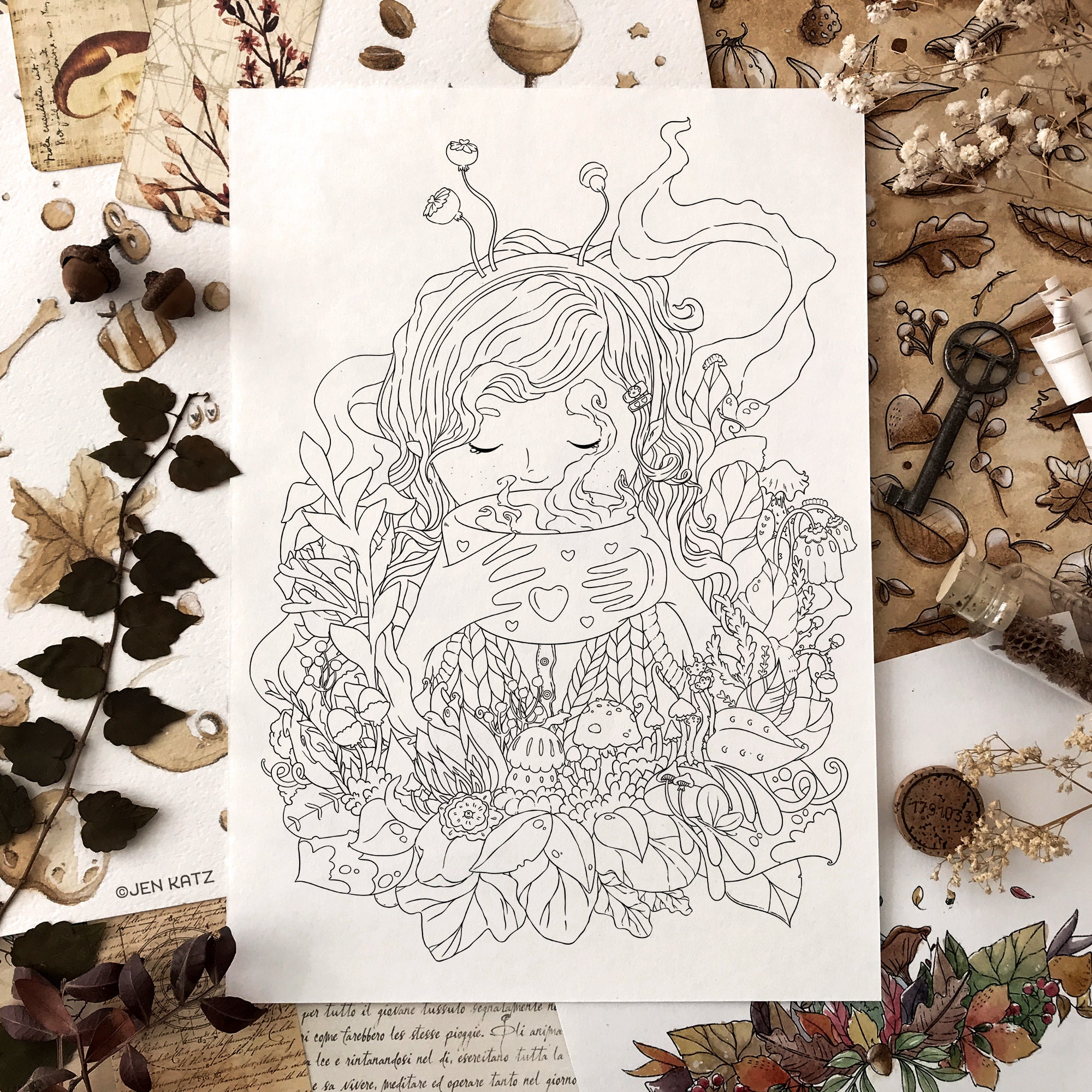Cute Girl Adult Coloring Page Coffee Autumn Mushrooms Doodle | Etsy