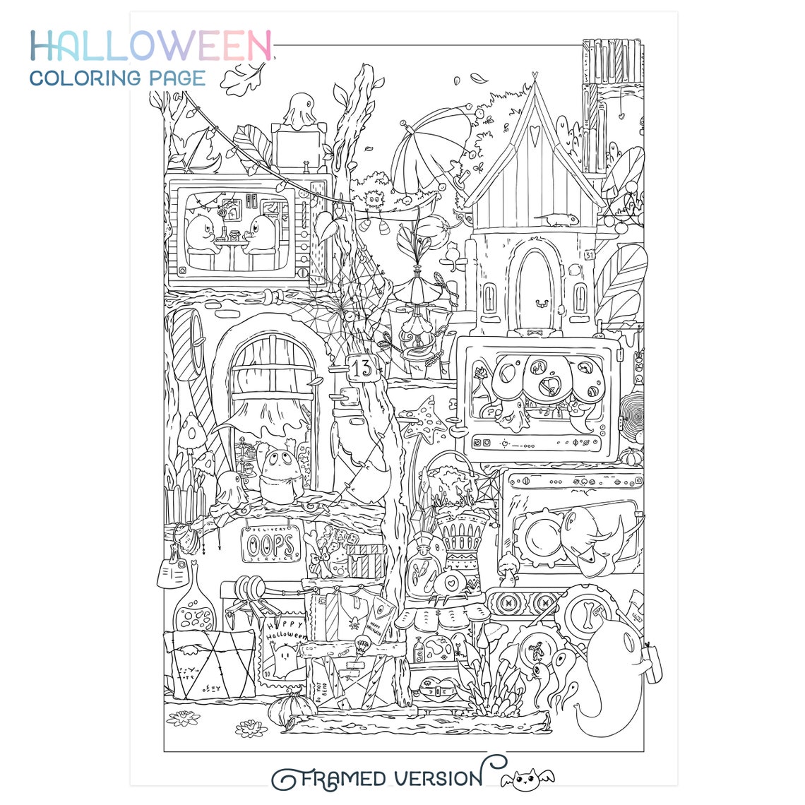 Halloween Coloring Page Cute Autumn Doodle Digital Download - Etsy