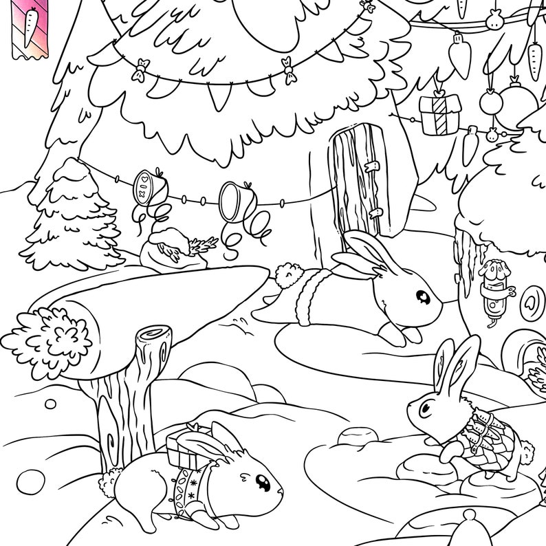 Winter Coloring Page / Cute Bunnies Christmas Adult Coloring - Etsy