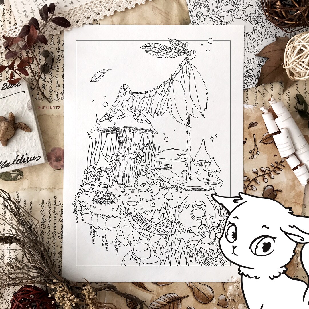 Cute Fox - Mushroom Home Adult Coloring Page Autumn Themed PDF Animals ...