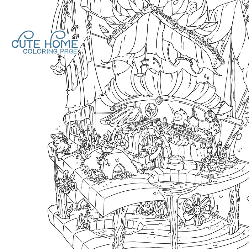 New Cute Home Coloring Page Adult Coloring Page Whimsical - Etsy