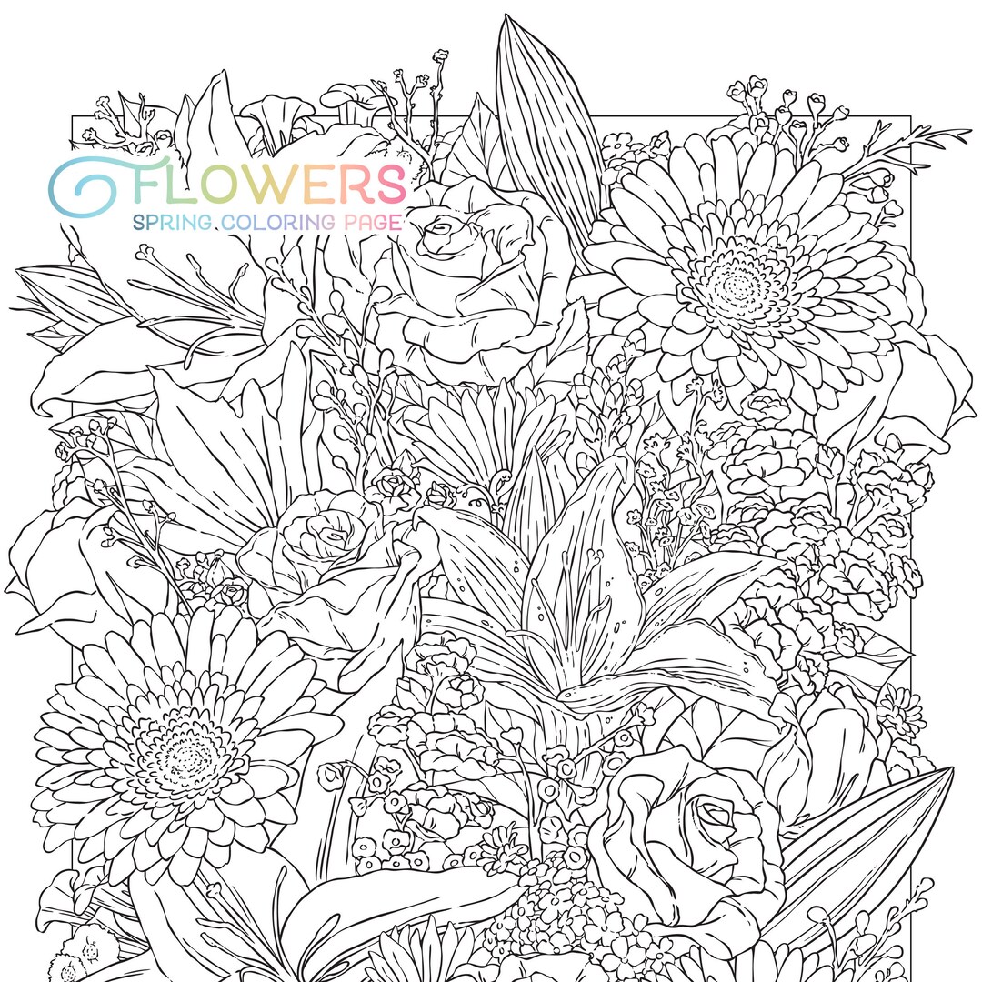 Flowers Coloring Page Floral Adult Coloring Page Spring Bouquet ...