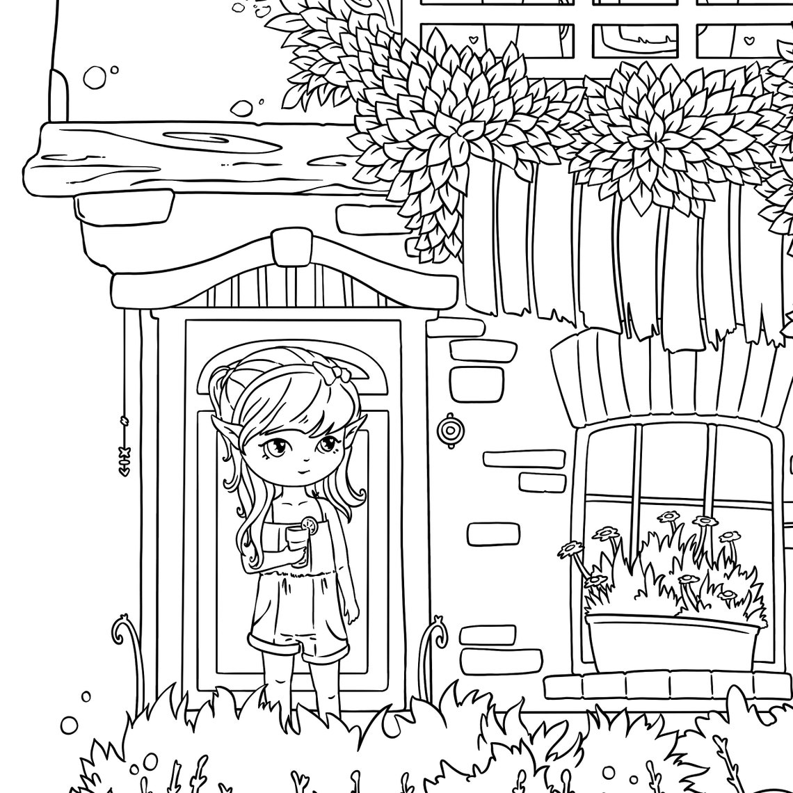 Romantic Home Coloring Page Cute Home Girl Hedgehog Flowers - Etsy