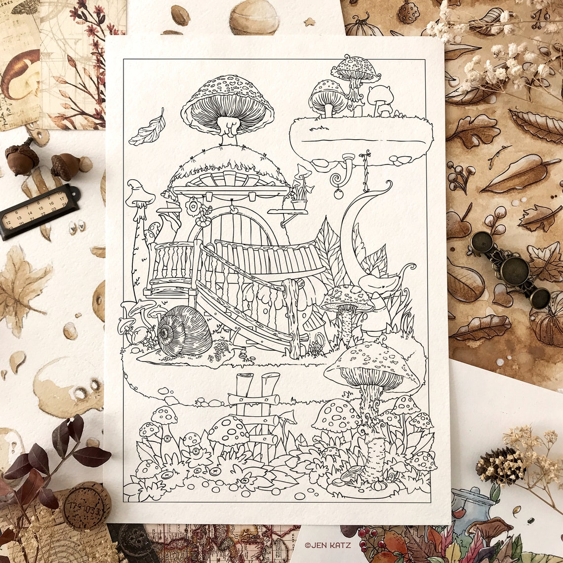 Mushrooms Coloring Page Cute Autumn Adult Coloring Page Fungi | Etsy