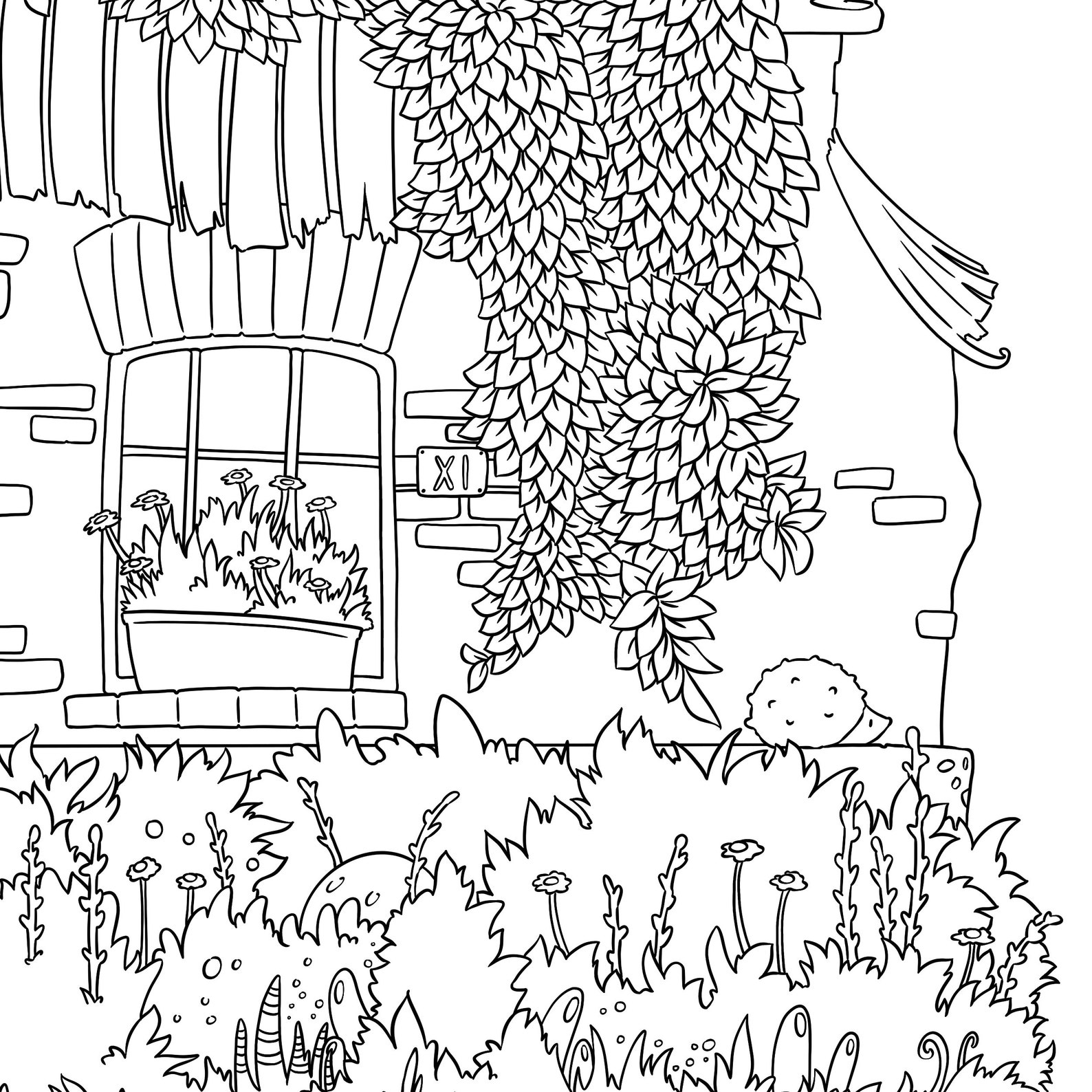 Romantic Home Coloring Page Cute Home Girl Hedgehog Flowers Adult ...