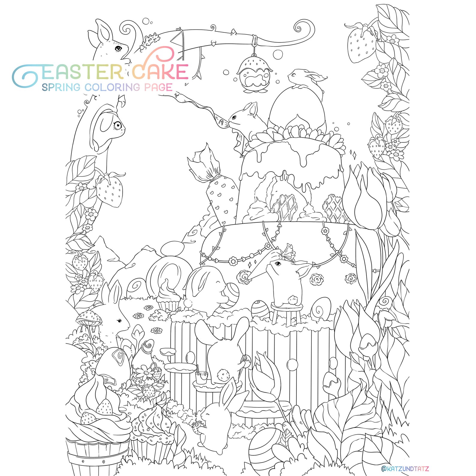 Easter Coloring Page Cute Bunnies Spring Adult Coloring Page | Etsy