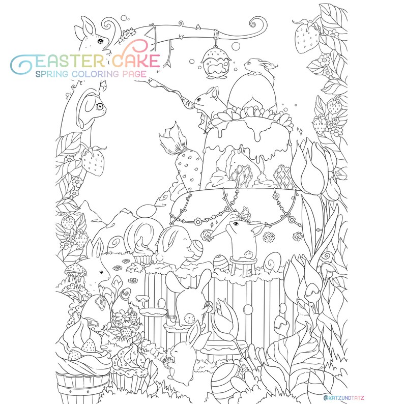 Easter Coloring Page Cute Bunnies Spring Adult Coloring Page | Etsy