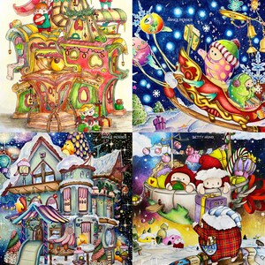Xmas Bundle - 6x Coloring Page - Festive Homes and Cute Elves ...