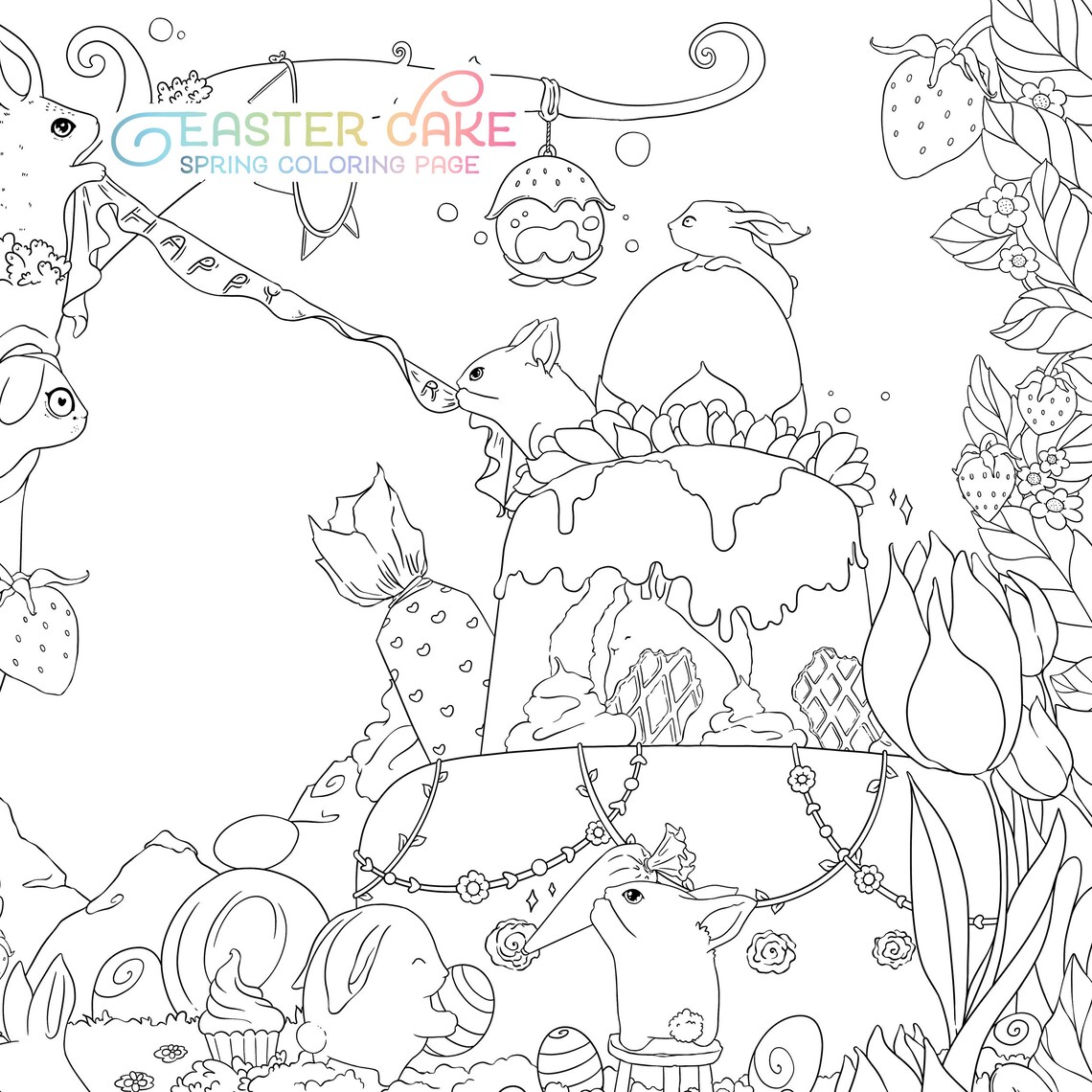 Easter Coloring Page Cute Bunnies Spring Adult Coloring Page | Etsy