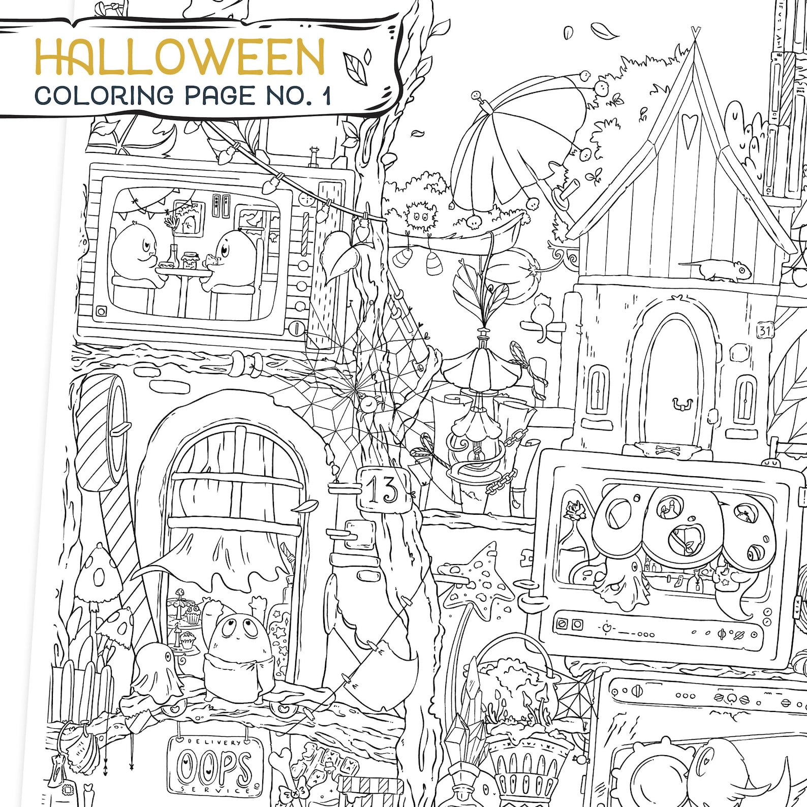 Halloween Coloring Page Cute Autumn Doodle Digital Download | Etsy