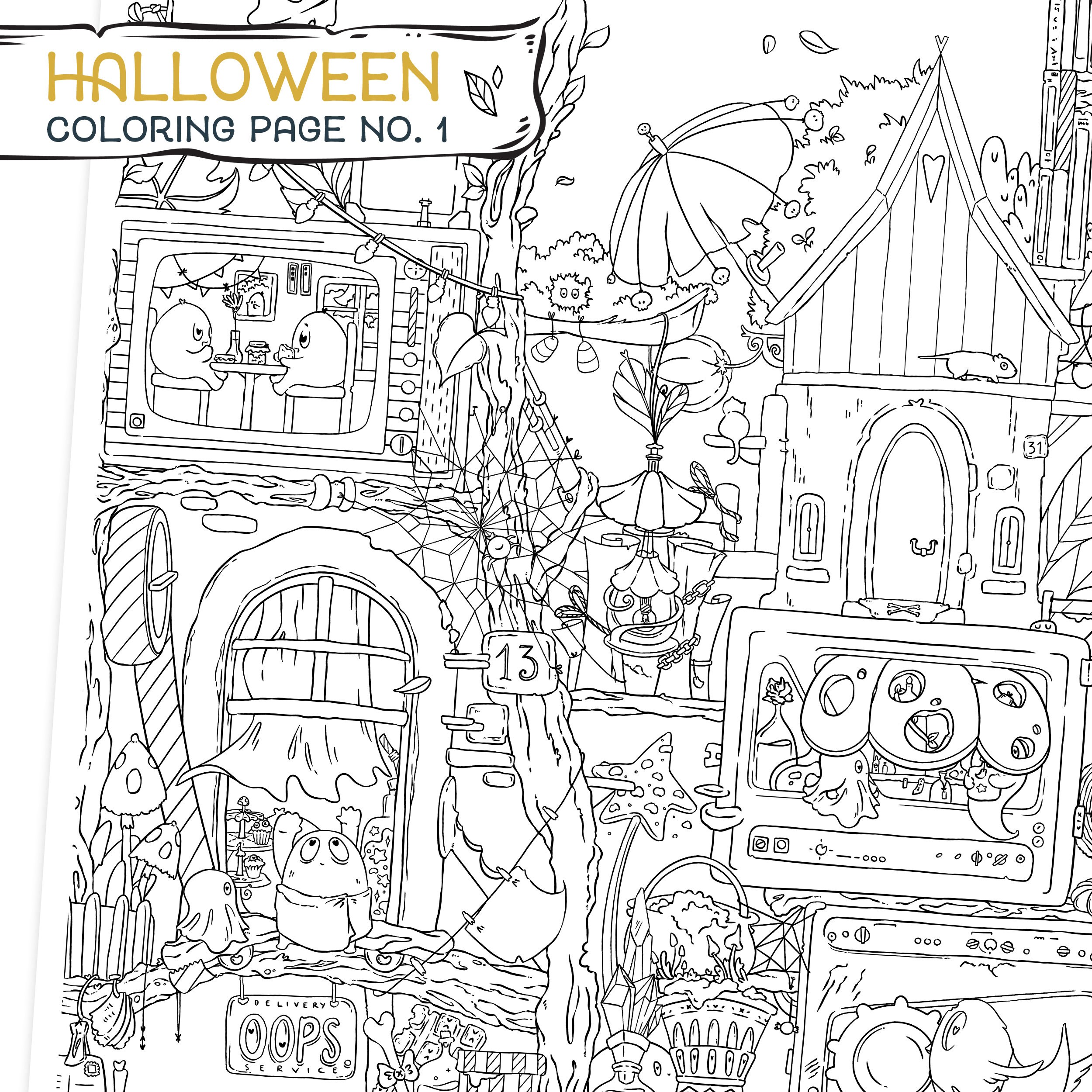 Halloween Coloring Page Cute Autumn Doodle Digital Download - Etsy