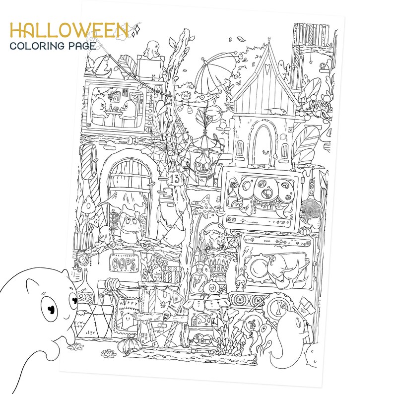 Halloween Coloring Page Cute Autumn Doodle Digital Download - Etsy
