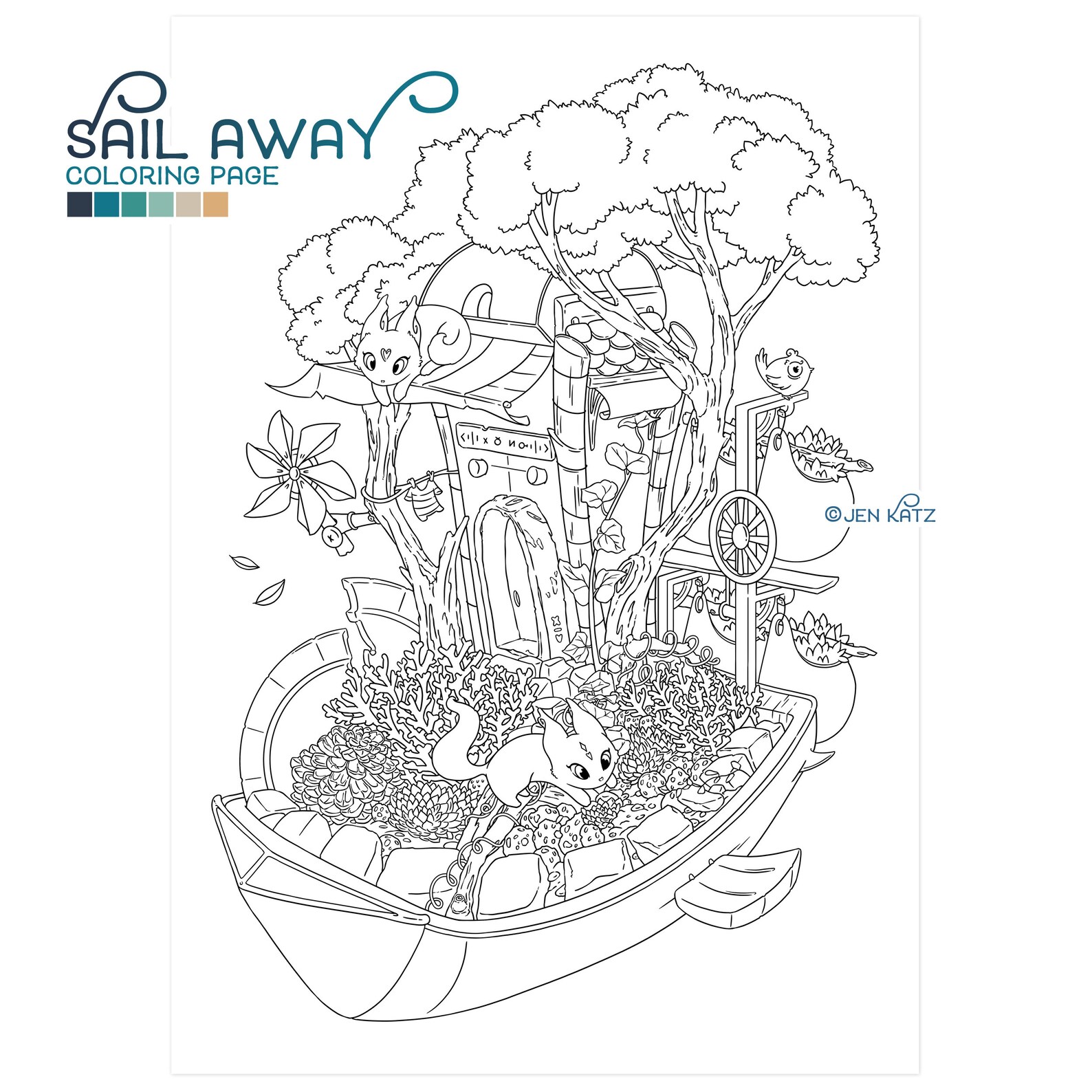 New! Sail Away Coloring Page - Cute Garden With Foxes Adult Coloring ...